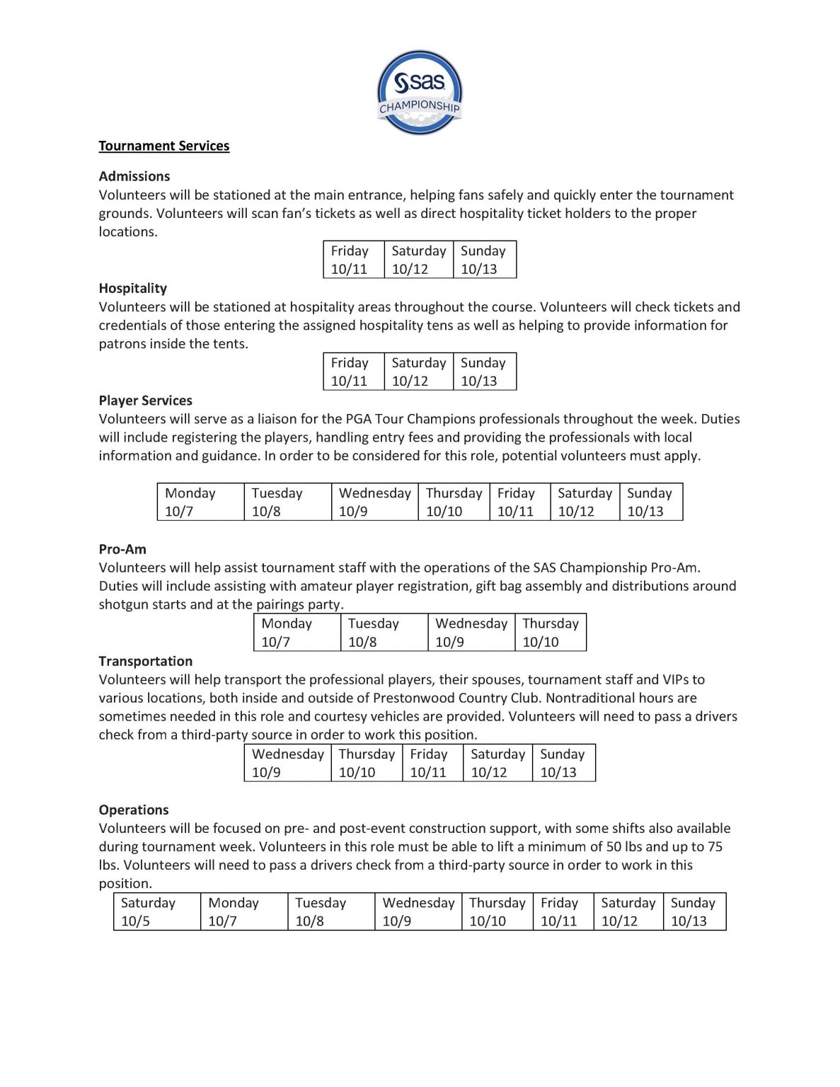 Volunteer Org Chart - SAS Championship
